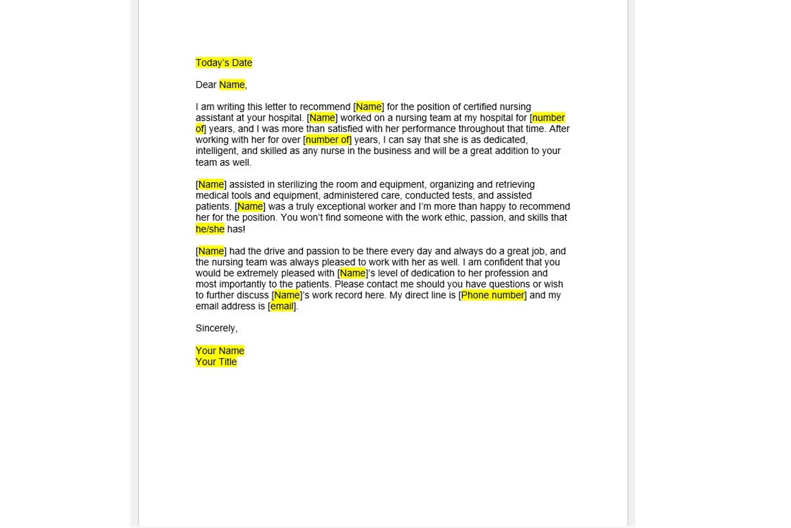 Certified Nursing Assistant CNA Recommendation Letter Template ...
