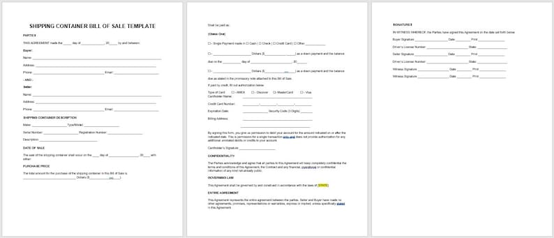 Editable Shipping Container Bill of Sale Template, Editable Bill of ...