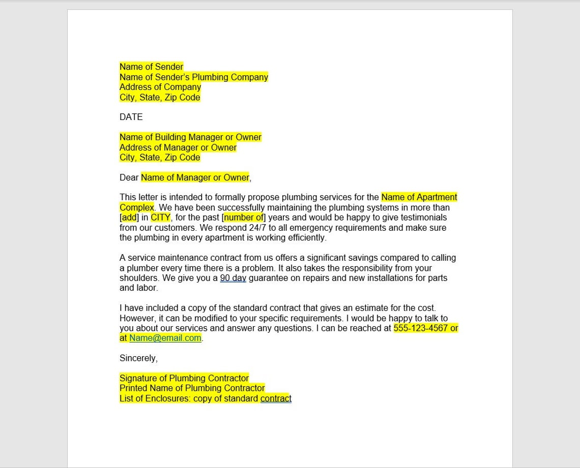 Plumbing Proposal, Plumbing Proposal Letter Template, Plumbing Proposal Letter, Cover Letter ...