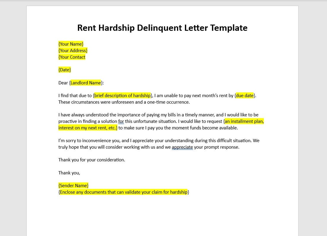 Editable Rent Hardship Delinquent Letter Template, Rent Hardship ...