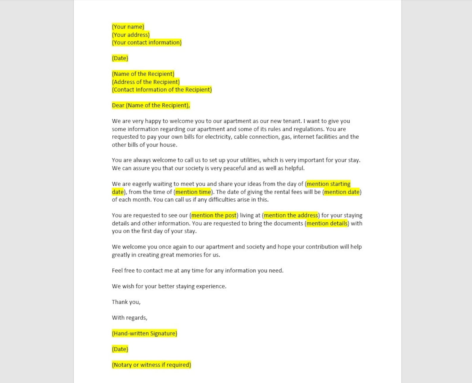 New Tenant Welcome Letter Template, New Tenant Welcome Letter, New ...