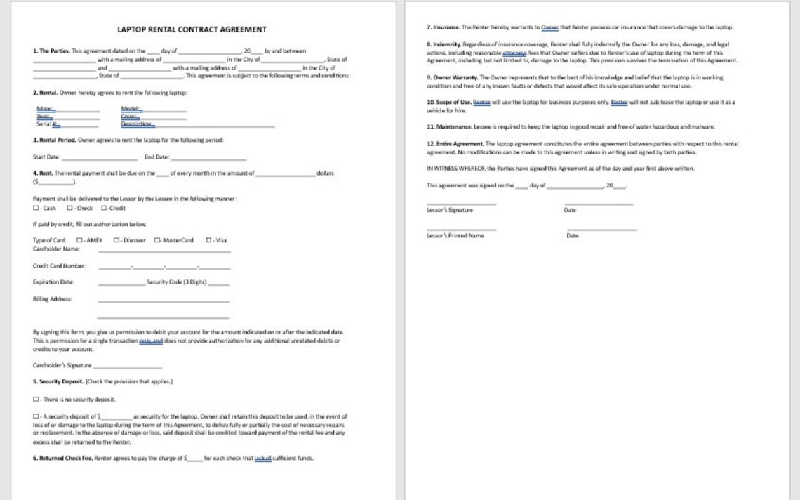 Laptop Rental Contract Agreement, Laptop Rental Contract Template ...