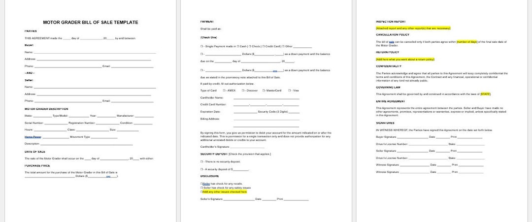 Editable Motor Grader Bill of Sale Template, Editable Bill of Sale ...