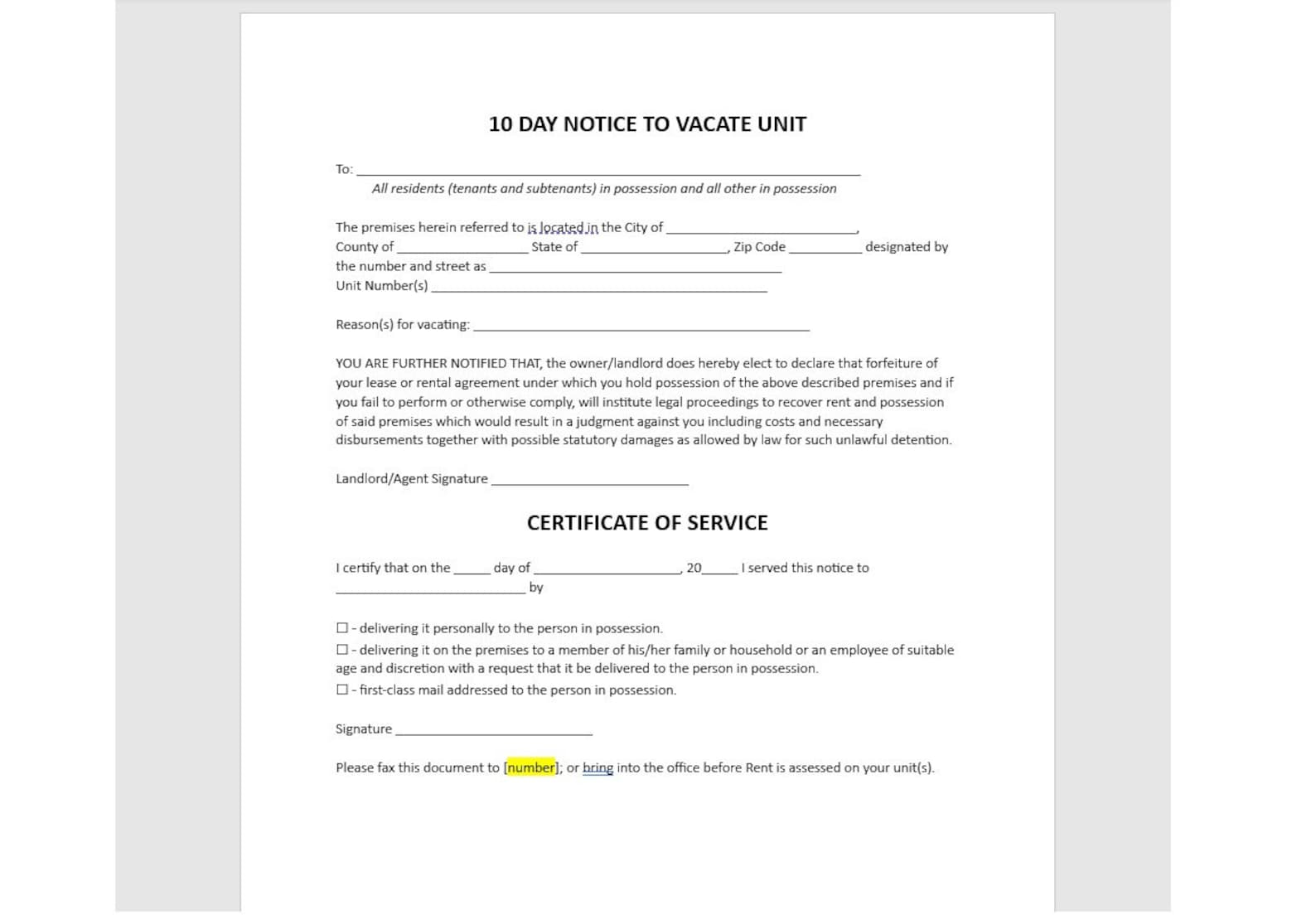 10 Day Notice to Quit, Eviction Notice Letter Template, Eviction Notice ...