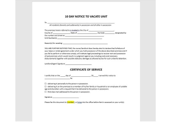 Ten Eviction Notice Template 10 Day Notice To Vacate Storage Unit