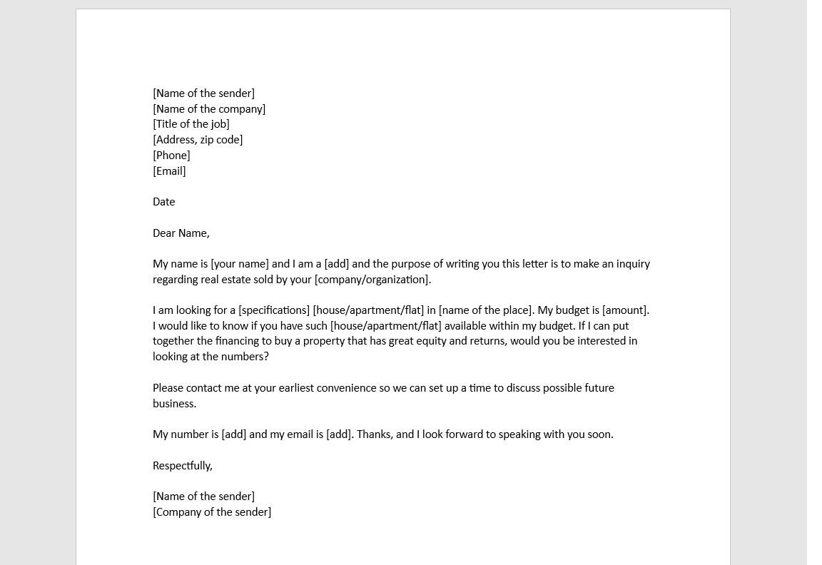 Real Estate Inquiry Letter, Real Estate Inquiry Letter Template ...