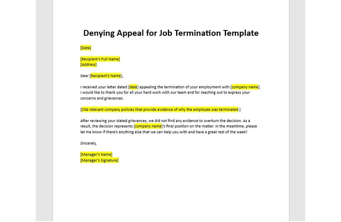 Editable Denying Appeal for Job Termination Template, Job Termination ...