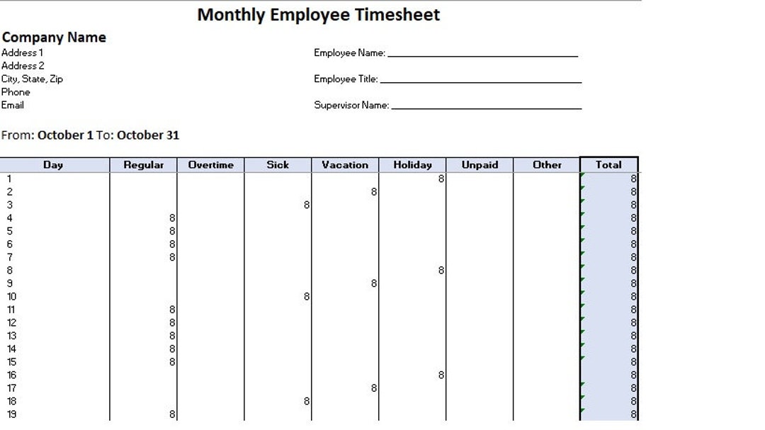 Editable Monthly Employee Timesheet, Monthly Employee Timesheet ...