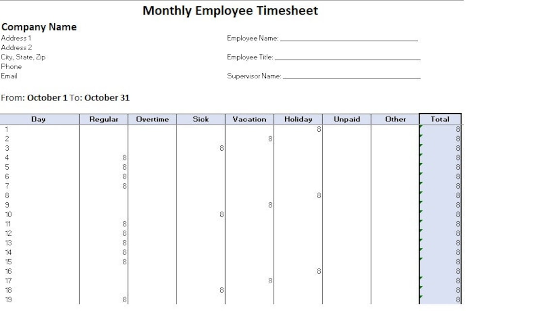 Editable Monthly Employee Timesheet, Monthly Employee Timesheet ...