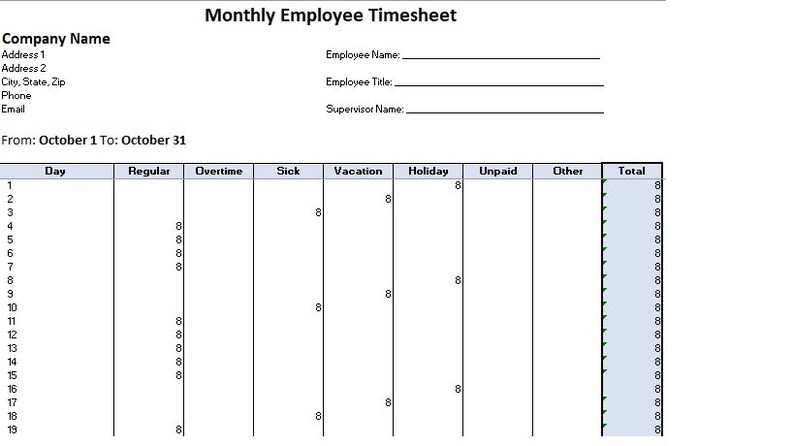 Editable Monthly Employee Timesheet, Monthly Employee Timesheet ...