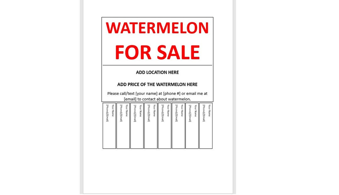Editable Watermelon Sale Tear-off Flyer, Tear-off Flyer Template, for ...
