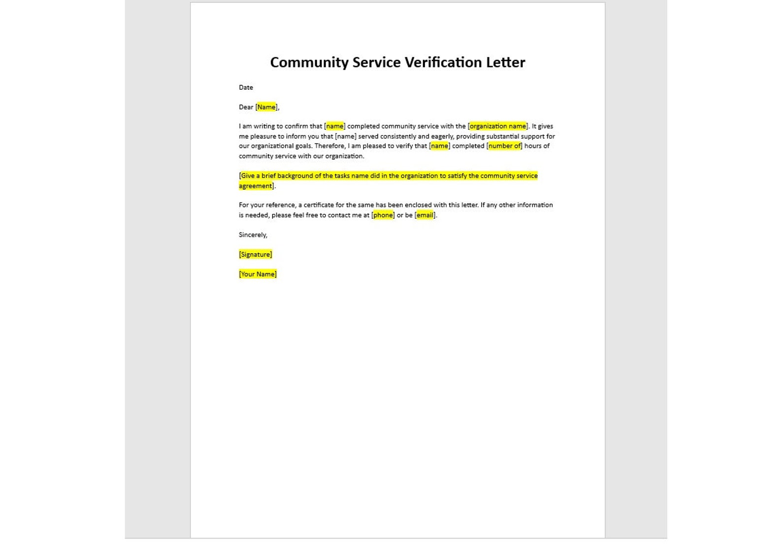 Editable Community Service Verification Letter Template, Community ...