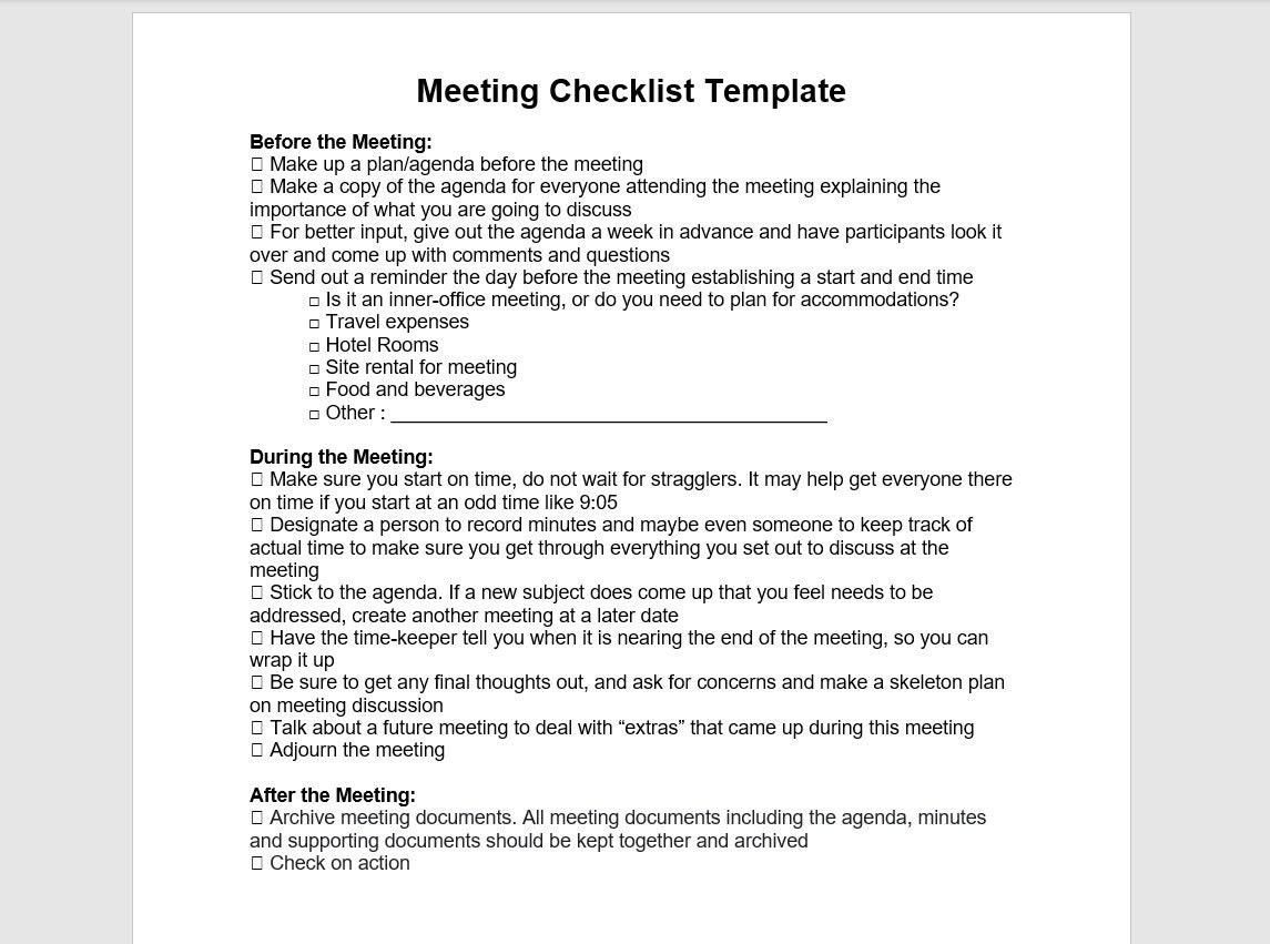 Meeting Checklist, Meeting Checklist Template, Meeting Template ...