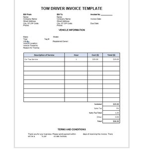 Tow Driver Invoice Template, Car Towing Invoice Template, Word Template Invoice, Word Template ...