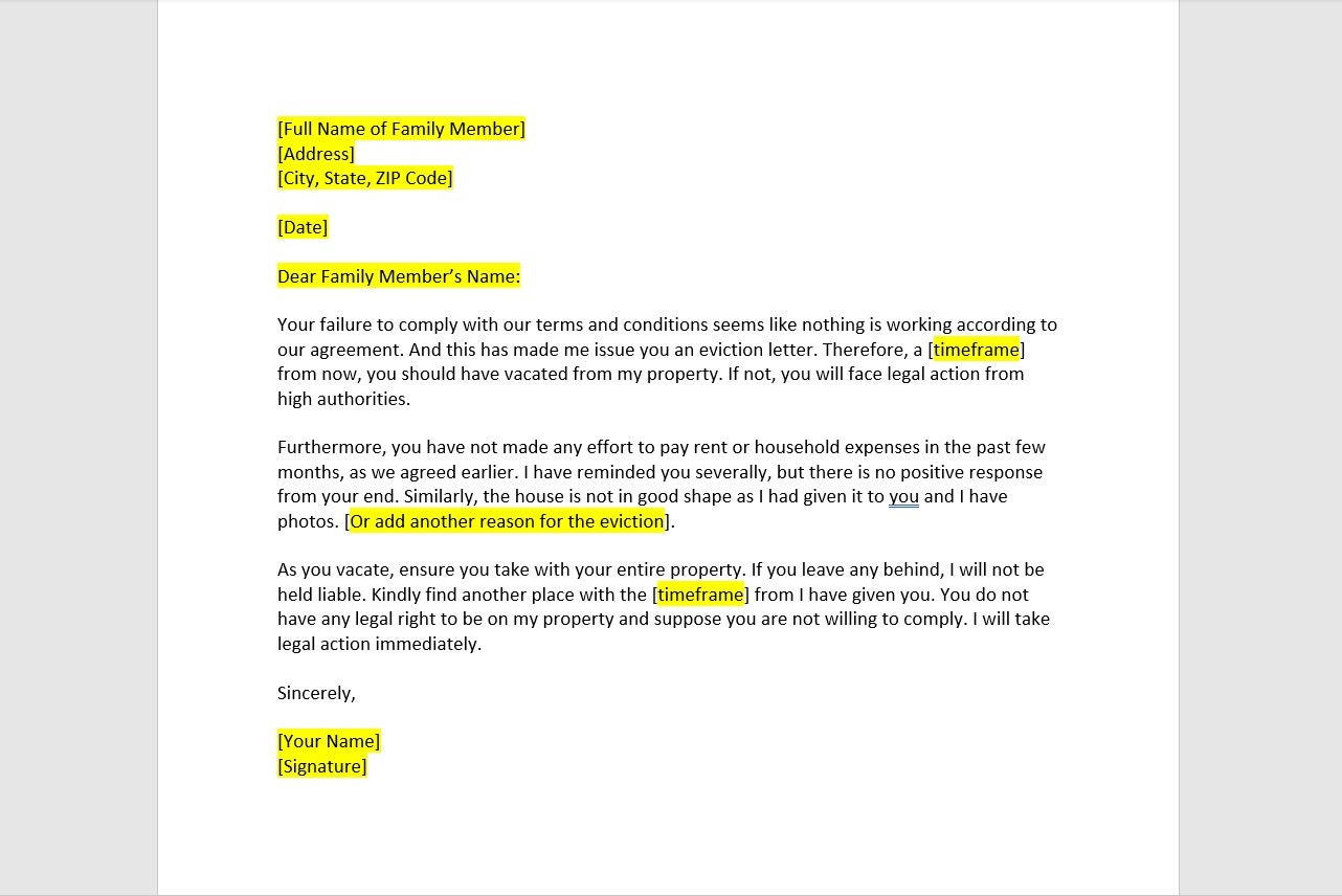Template Family Member Eviction Notice Letter