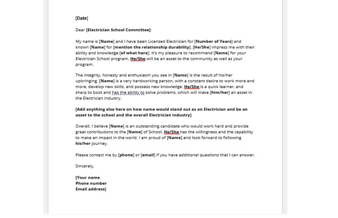 Electrician School Recommendation Letter Template, Electrician School ...