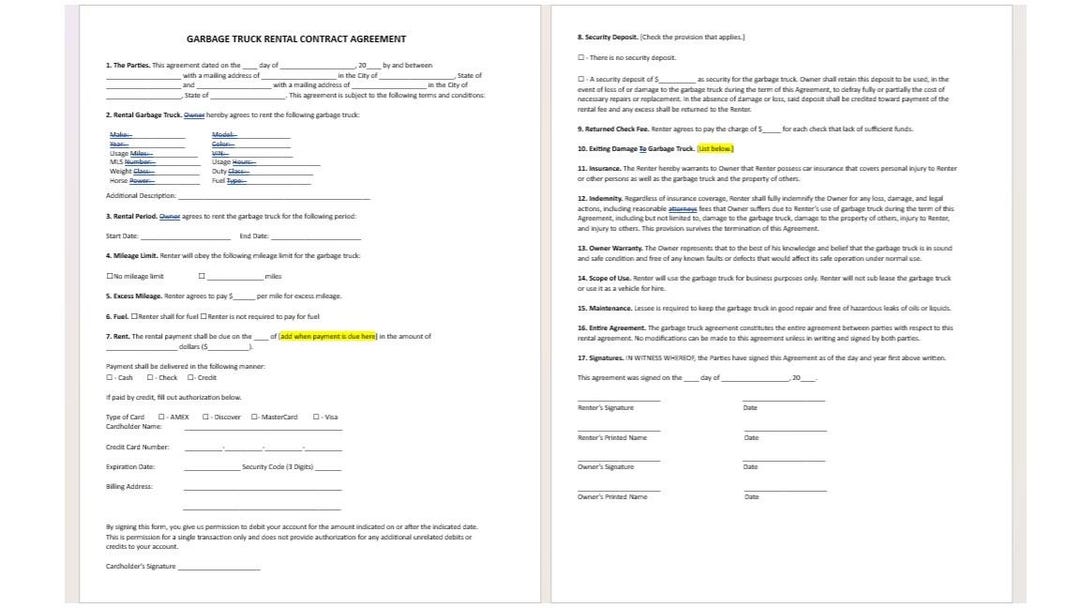 Garbage Truck Rental Contract Agreement, Garbage Truck Rental Contract ...