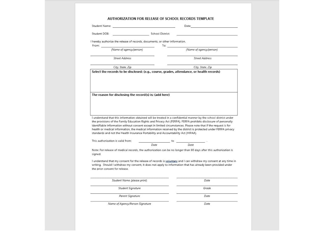 Editable Authorization for Release of School Records, Release of School ...