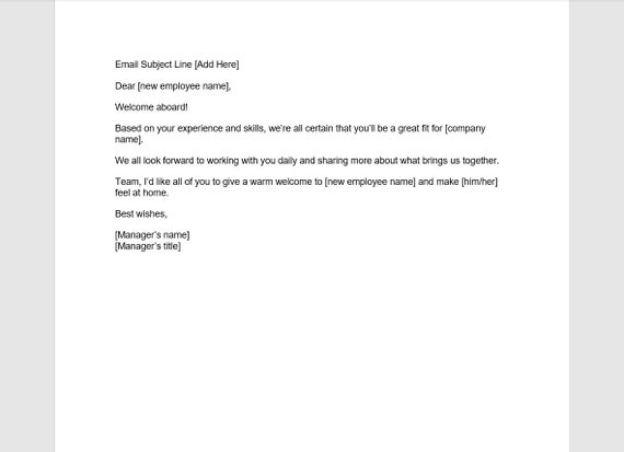 Welcome To The Team Message Sample