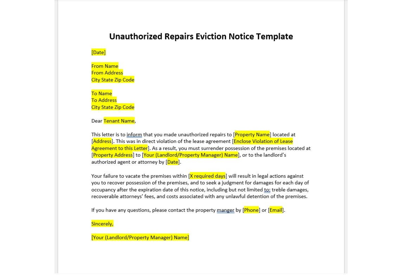 Unauthorized Repairs Notice Letter Template, Eviction Notice Letter ...