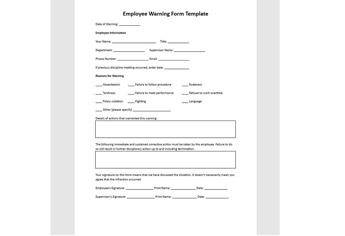 Editable Employee Warning Form Template, Warning Template, Warning Form ...