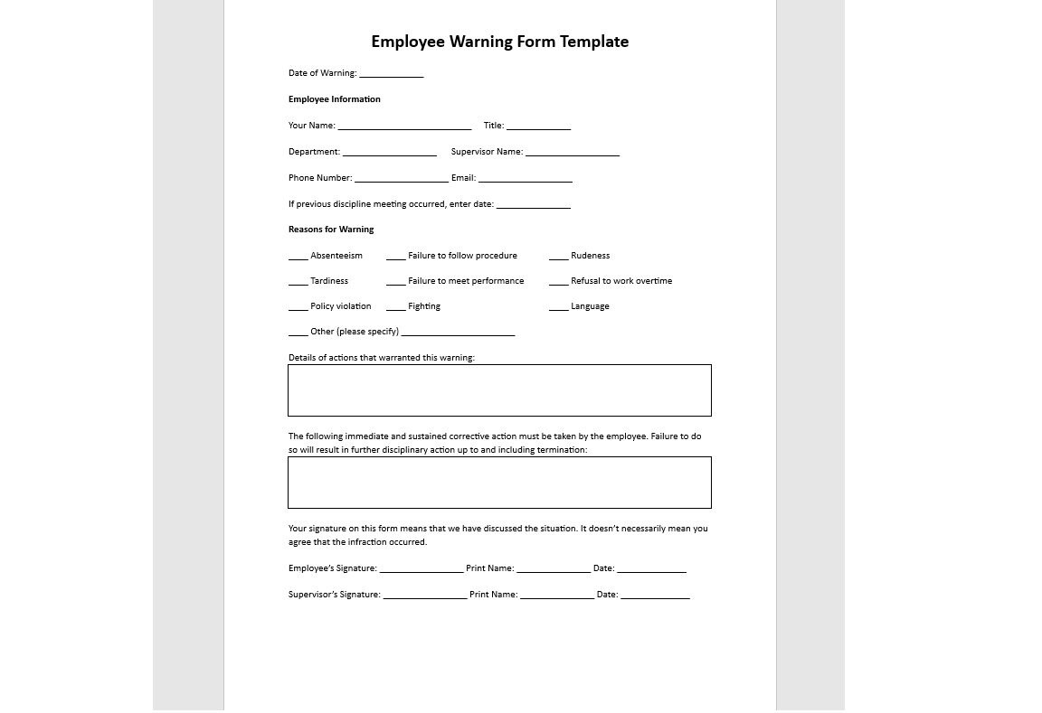 Editable Employee Warning Form Template, Warning Template, Warning Form ...