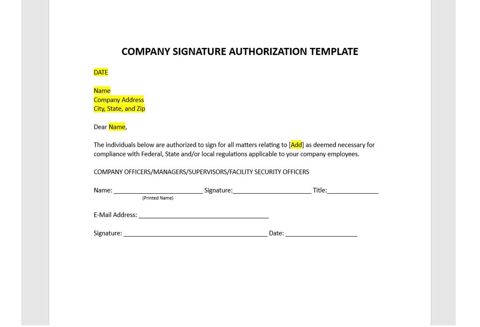 Editable Company Signature Authorization Template, Signature ...