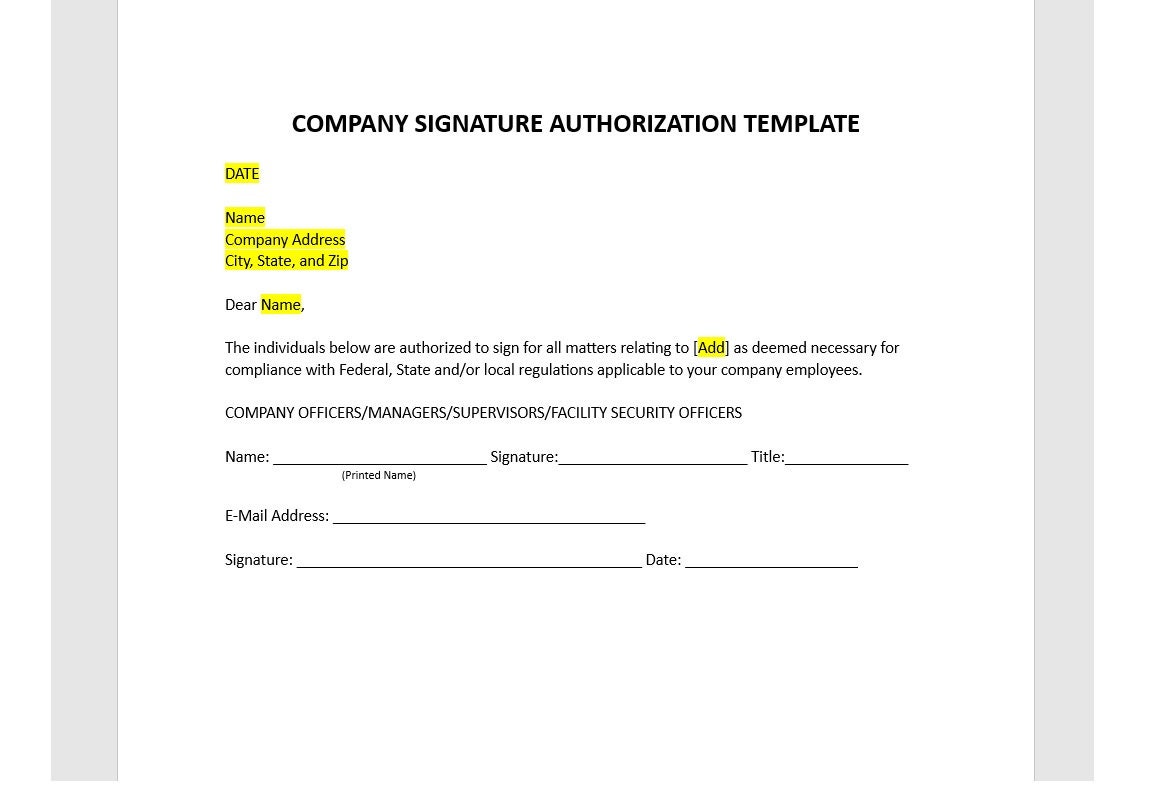 Editable Company Signature Authorization Template, Signature ...