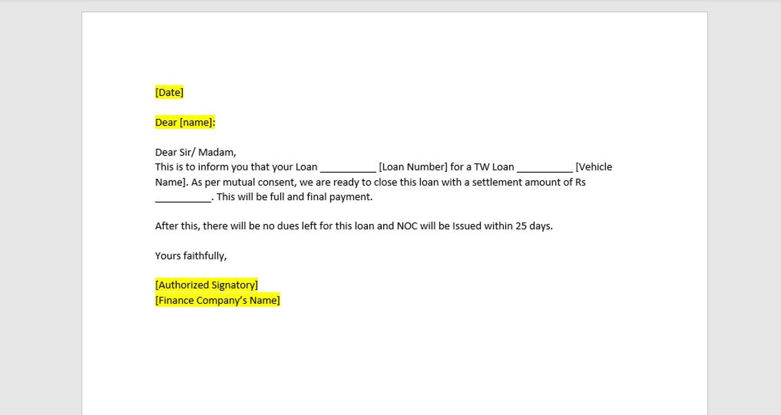 Full & Final Car Loan Settlement Letter Template, Loan Settlement ...