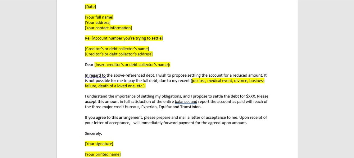 Debt Settlement Letter Template, Debt Settlement Letter, Debt ...
