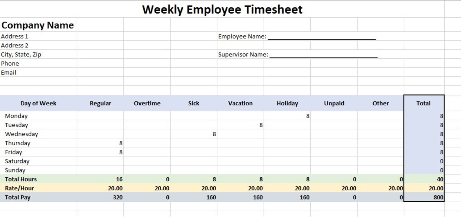 Editable Weekly Employee Timesheet, Weekly Employee Timesheet Template ...