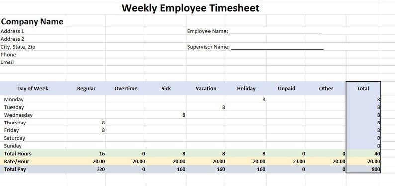 Editable Weekly Employee Timesheet, Weekly Employee Timesheet Template ...