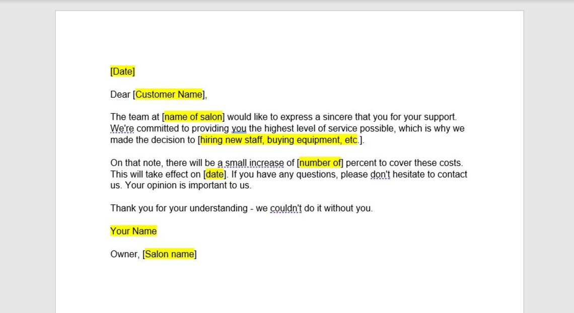 Salon Price Increase Notice Letter Template, Salon Price Increase ...