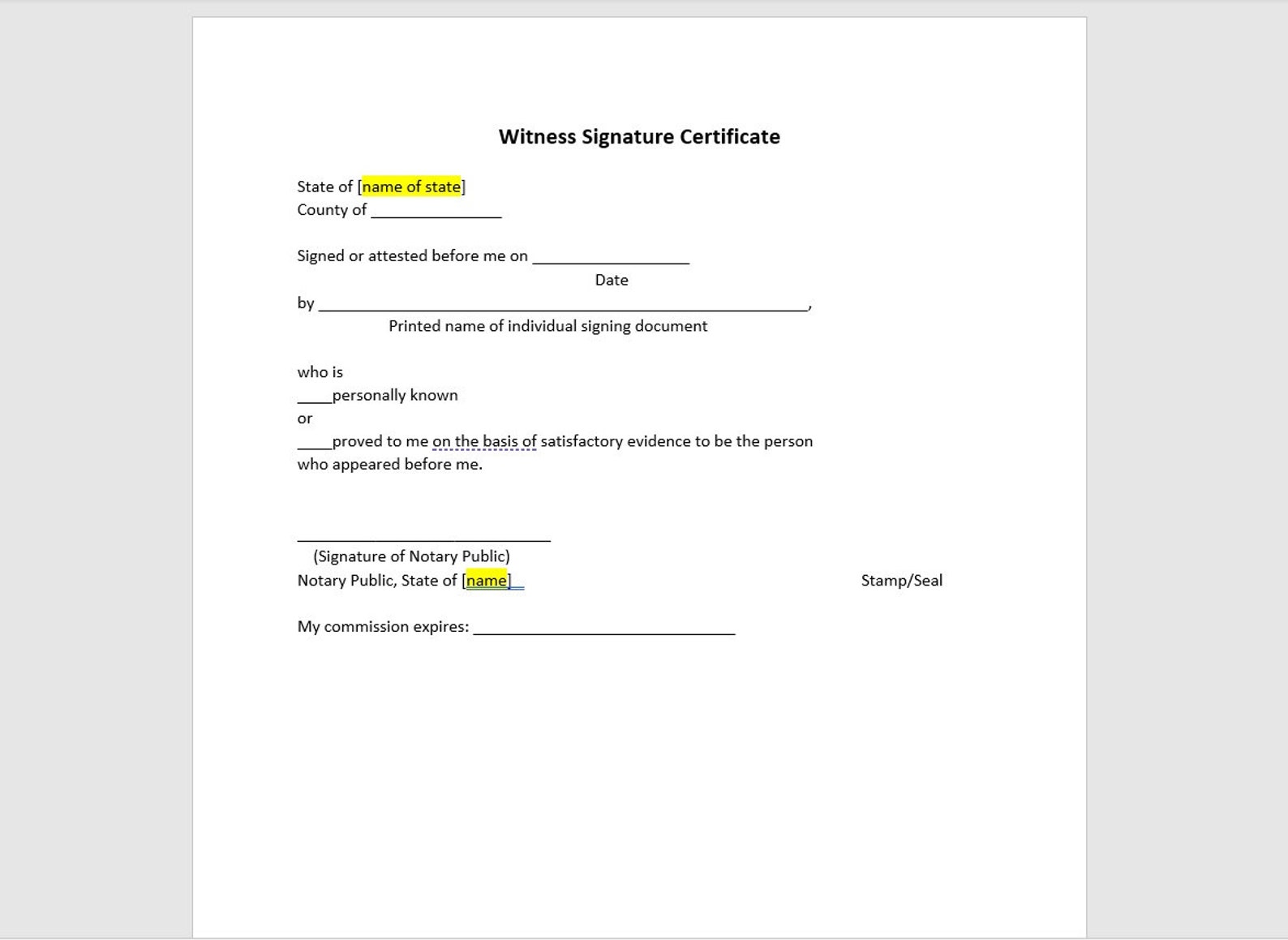 Notary Witness Signature Certificate Form, Notary Witness Signature ...