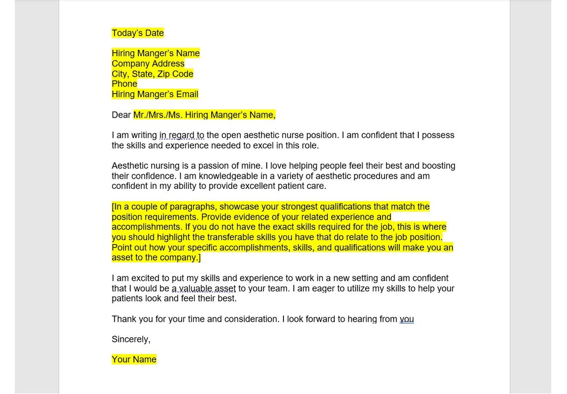 Aesthetic Nurse Cover Letter Cover Letter Template Editable - Etsy