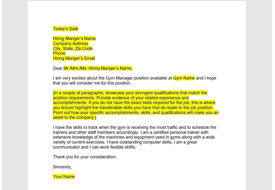 Gym Manager Cover Letter, Cover Letter Template, Editable Cover Letter ...
