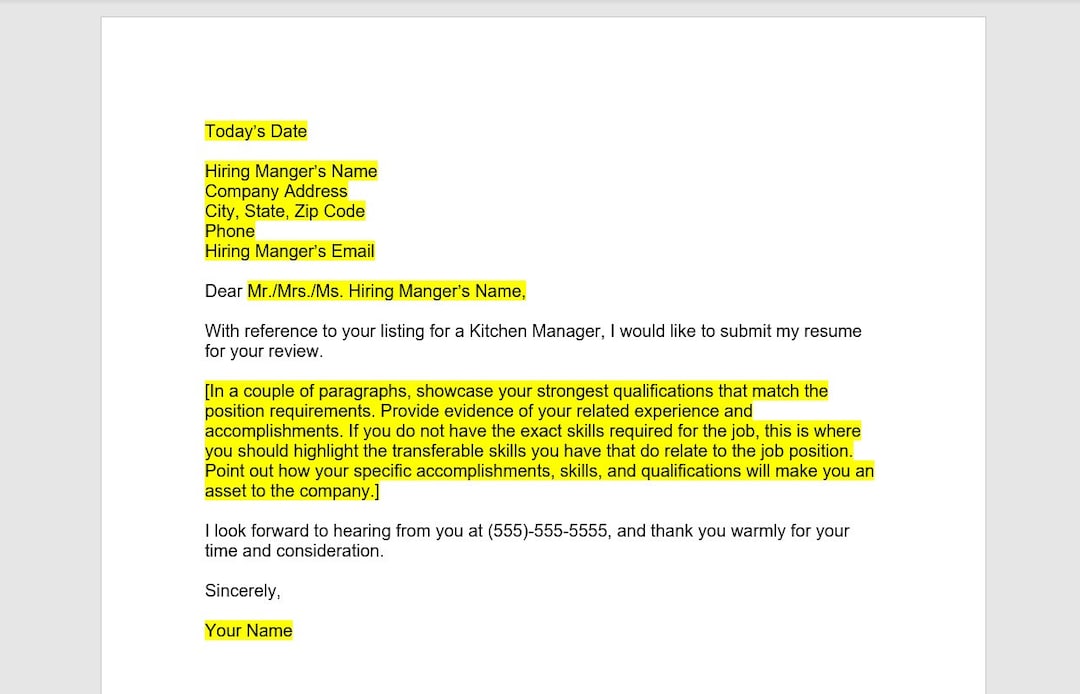 Kitchen Manager Cover Letter, Cover Letter Template, Editable Cover ...