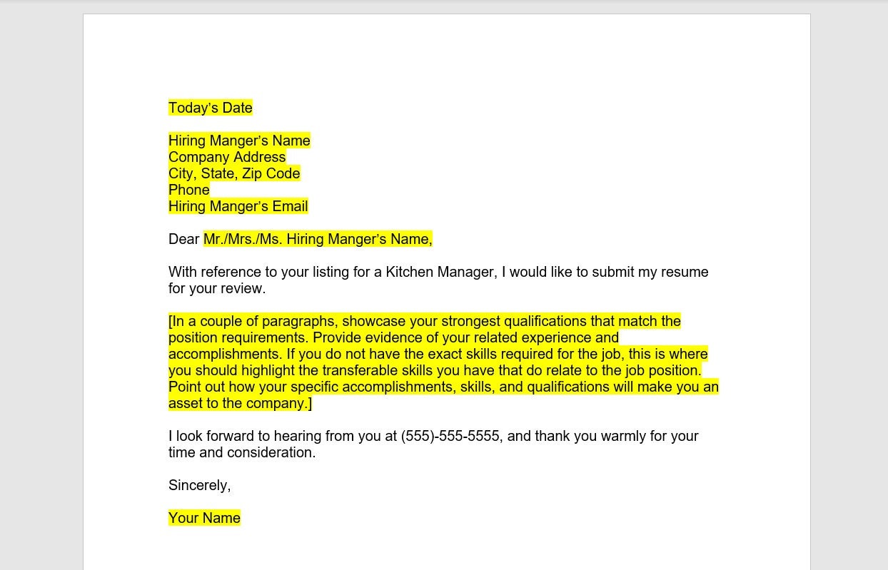 Kitchen Manager Cover Letter, Cover Letter Template, Editable Cover ...