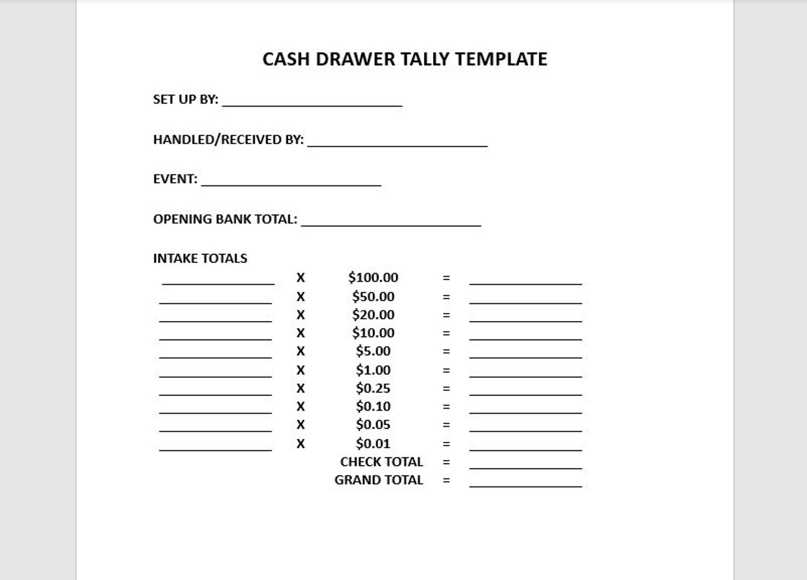 Cash Drawer Tally Sheet, Cash Drawer Tally Sheet Template, Cash Drawer ...