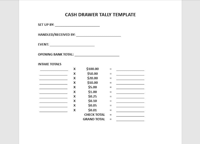 Cash Drawer Tally Sheet, Cash Drawer Tally Sheet Template, Cash Drawer ...