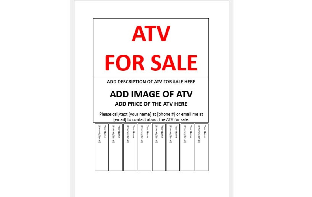 Editable ATV for Sale Tear-off Flyer, Tear-off Flyer Template, for Sale ...