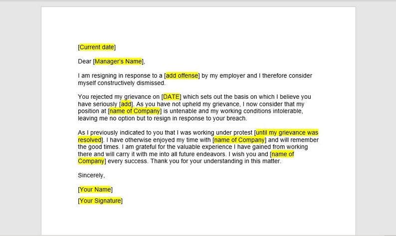 Constructive Dismissal Resignation Letter Template, Resignation Letter ...