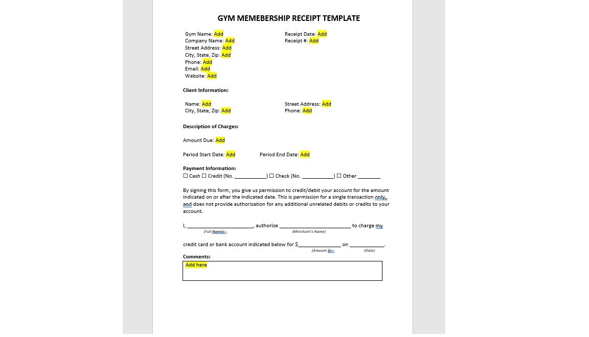 Editable Gym Receipt Template, Receipt, Receipt Template, Word Template ...