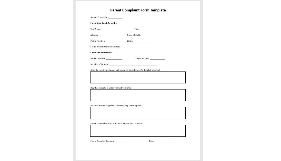 Editable Parent Complaint Form Template, Parent Template, Parent Form ...