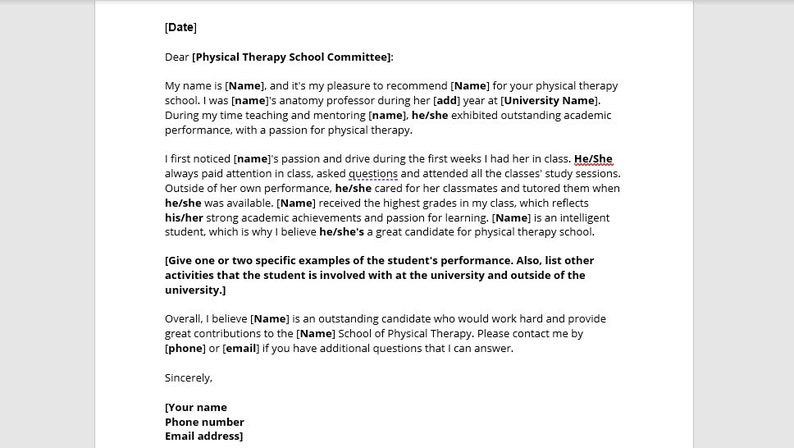 Physical Therapy School Recommendation Letter Template, Physical ...