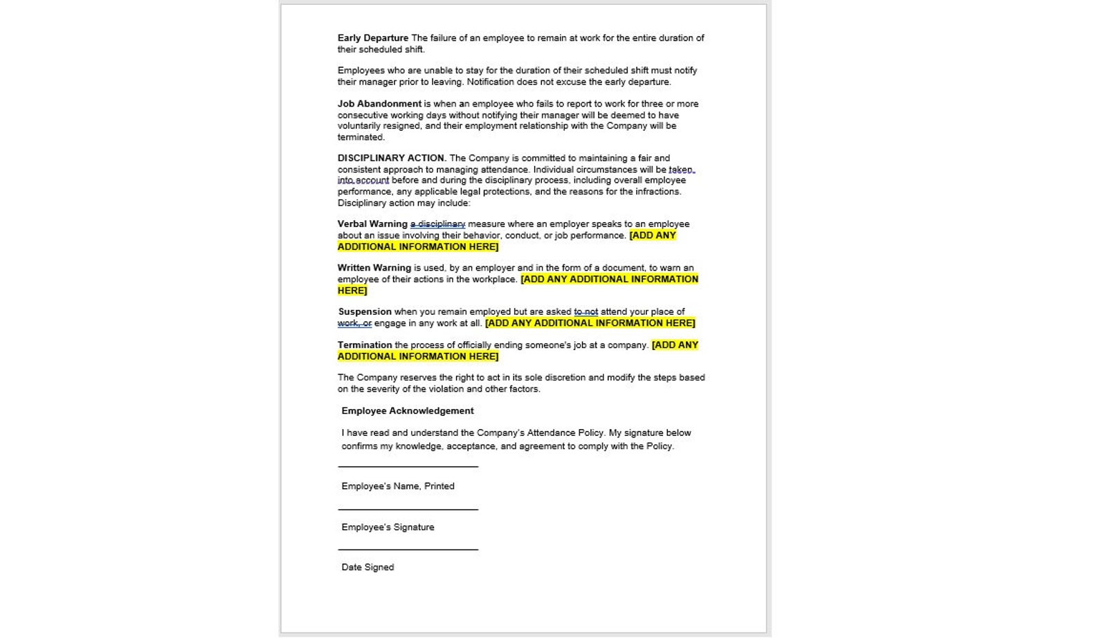 Editable Employee Attendance Policy Template, Attendance Policy ...