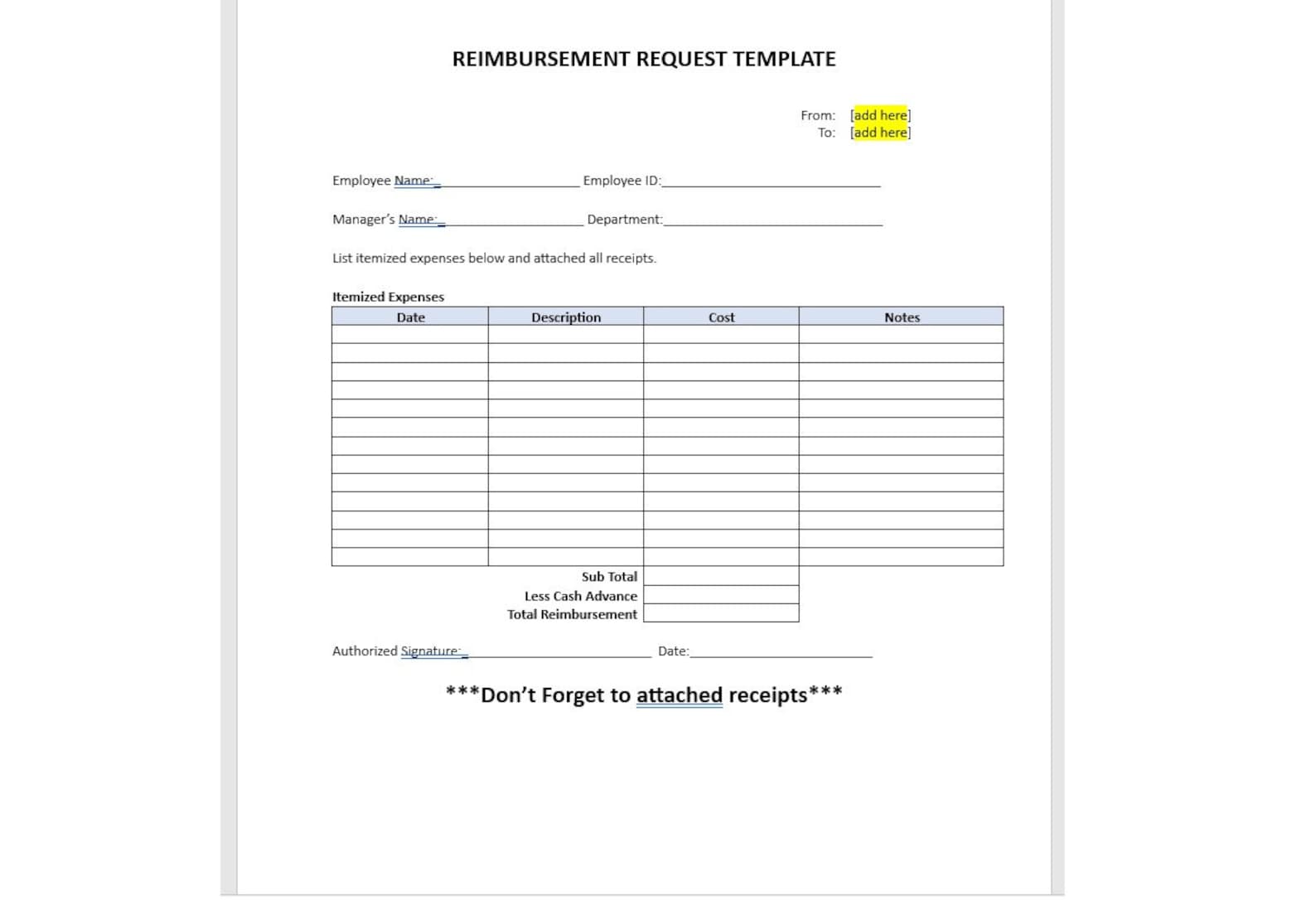 Editable Expense Reimbursement Request Form, Expense Reimbursement ...