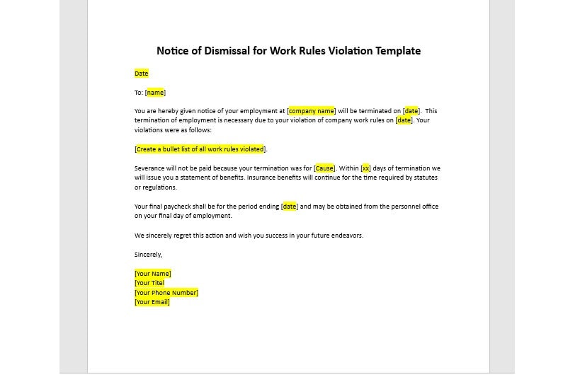 Rule Violation Termination Letter Template, Cause Termination Letter ...