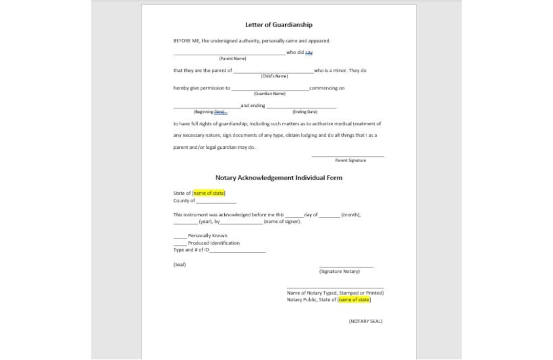 Letter of Guardianship Form, Notary Acknowledgement Form Template ...
