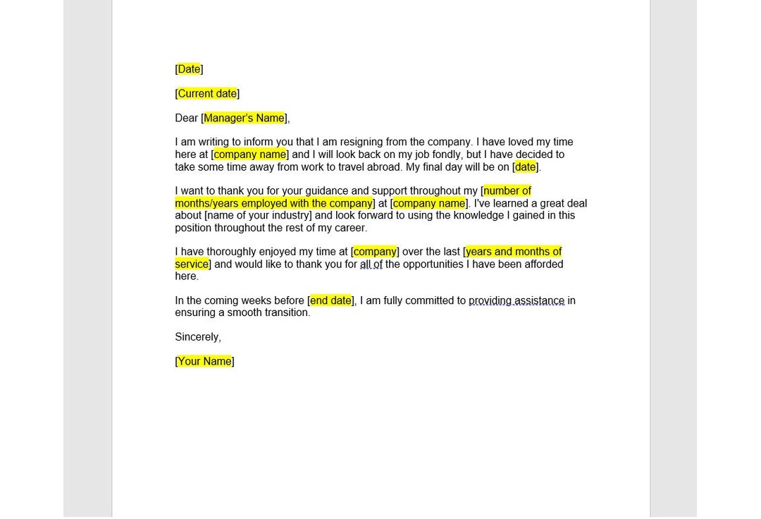 Editable Travel Abroad Resignation Letter Template Resignation Letter Resignation Template